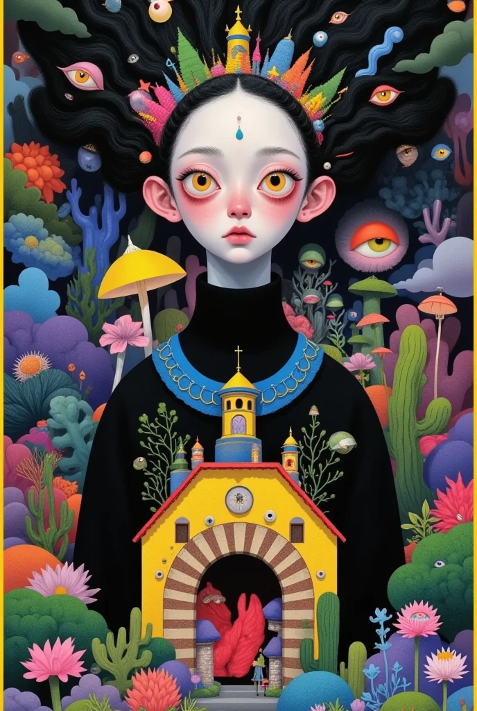 A quirky surreal 3D illustration, a strange humanoid figure, house with ...