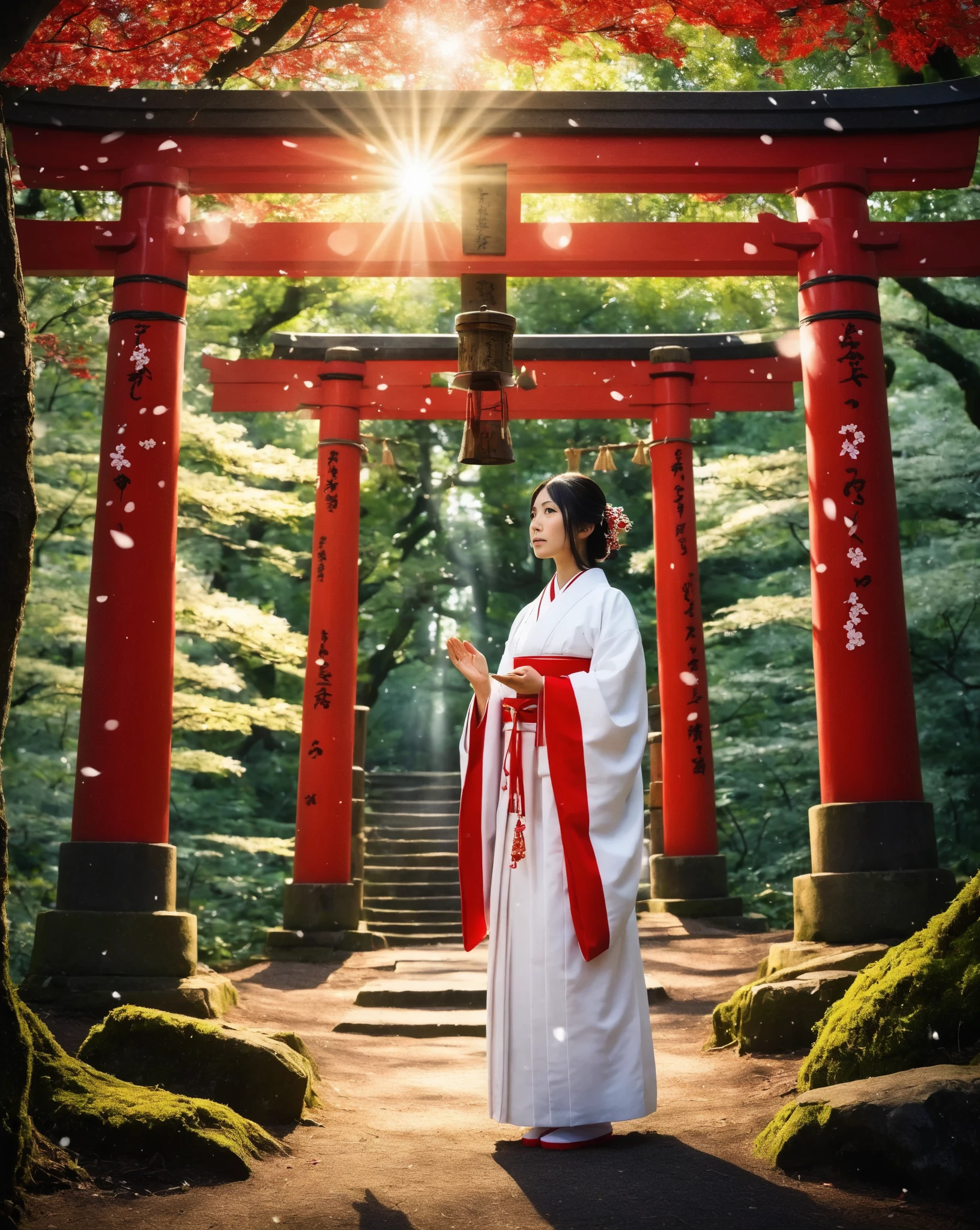 In the forest, a Japanese shrine maiden stands in front of a large old ...