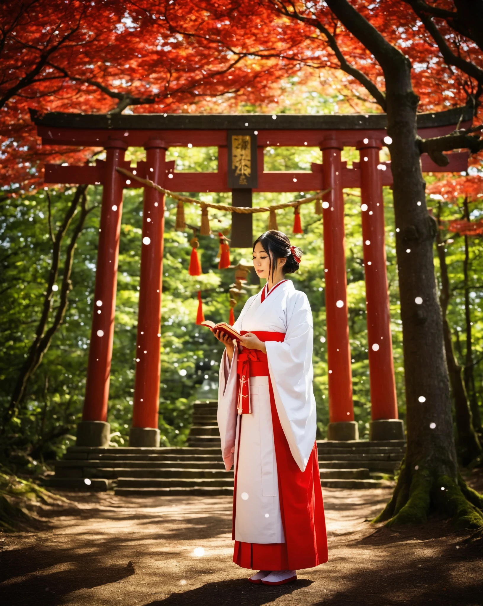 In the forest, a Japanese shrine maiden stands in front of a large old ...