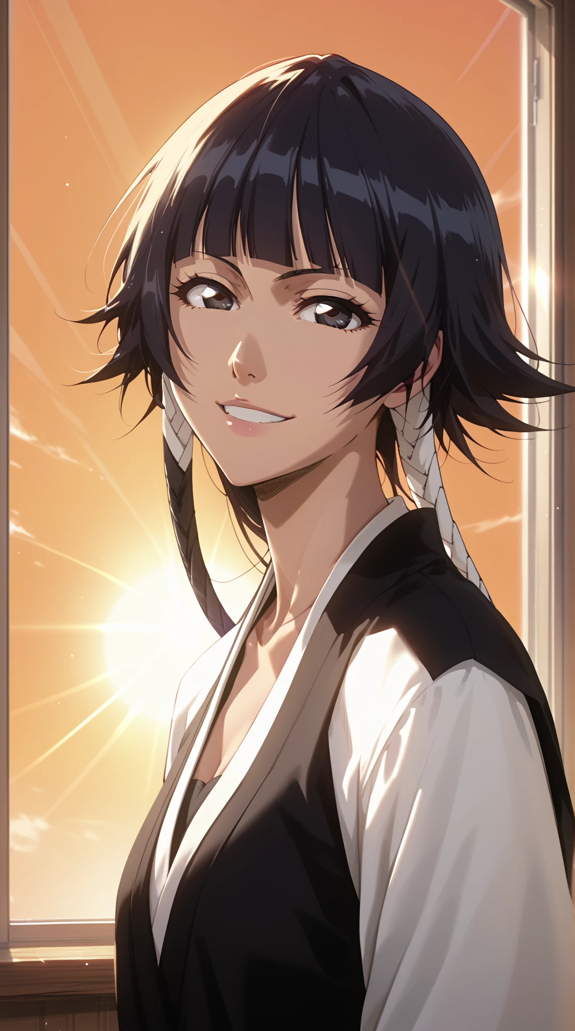Anime screencap, Soi fon from bleach, bright smile, sexy, black eyes ...