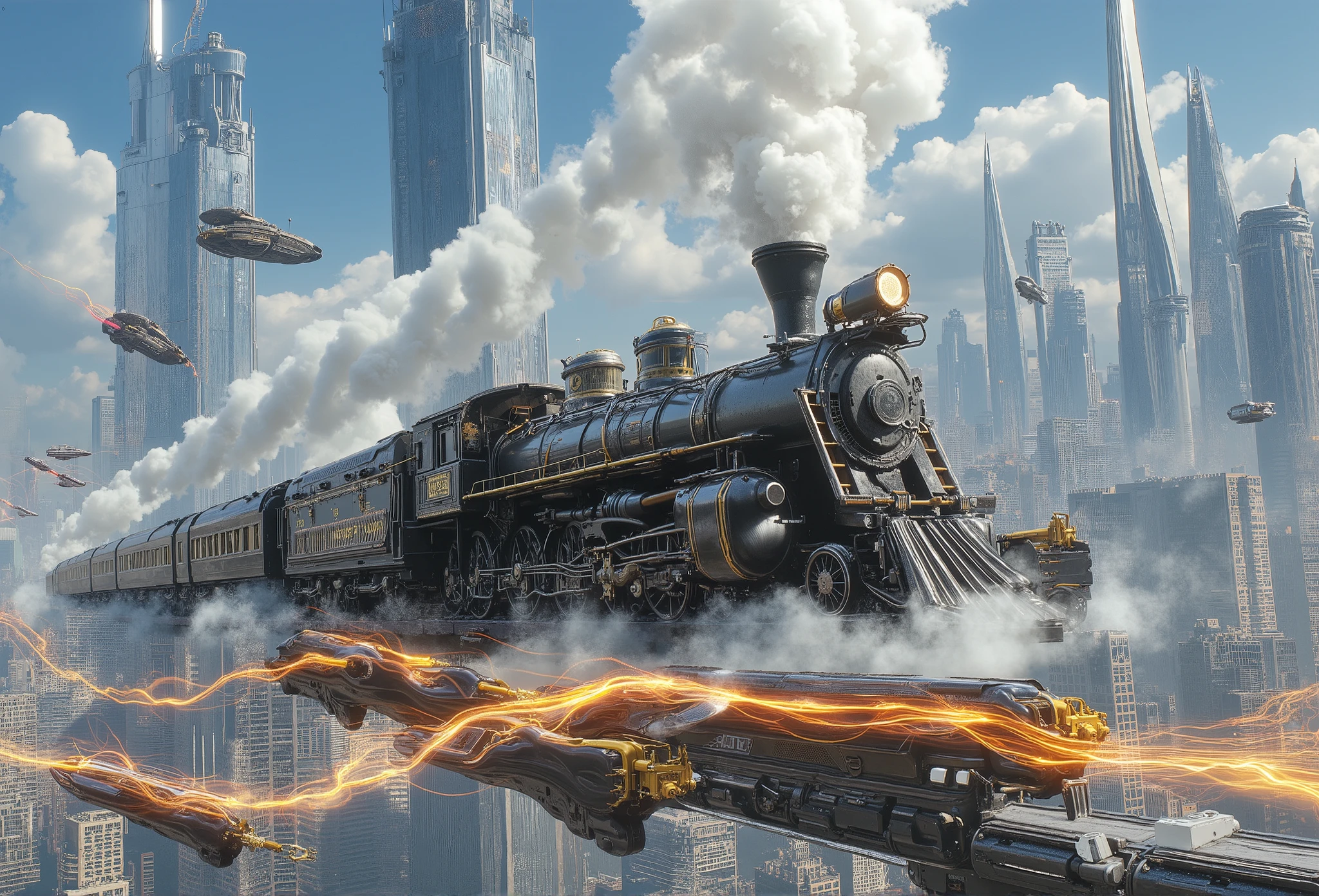 Armed steam locomotive、 Futuristic City Skyscraper Background - SeaArt AI