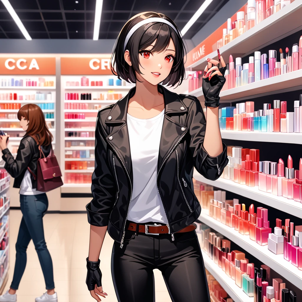 Girl, alone, black hair, red eyes, short cut, brown skin, she is ...
