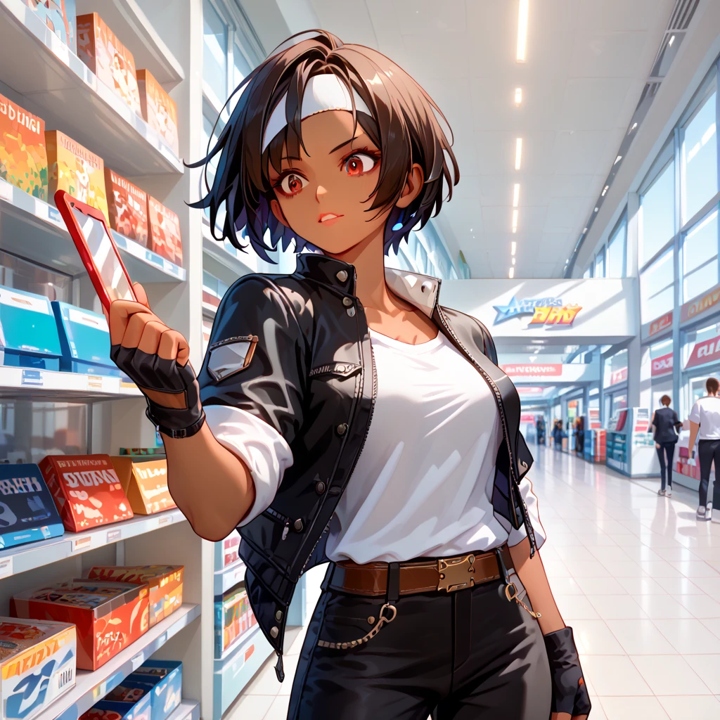 Girl, alone, black hair, red eyes, short cut, brown skin, she is ...