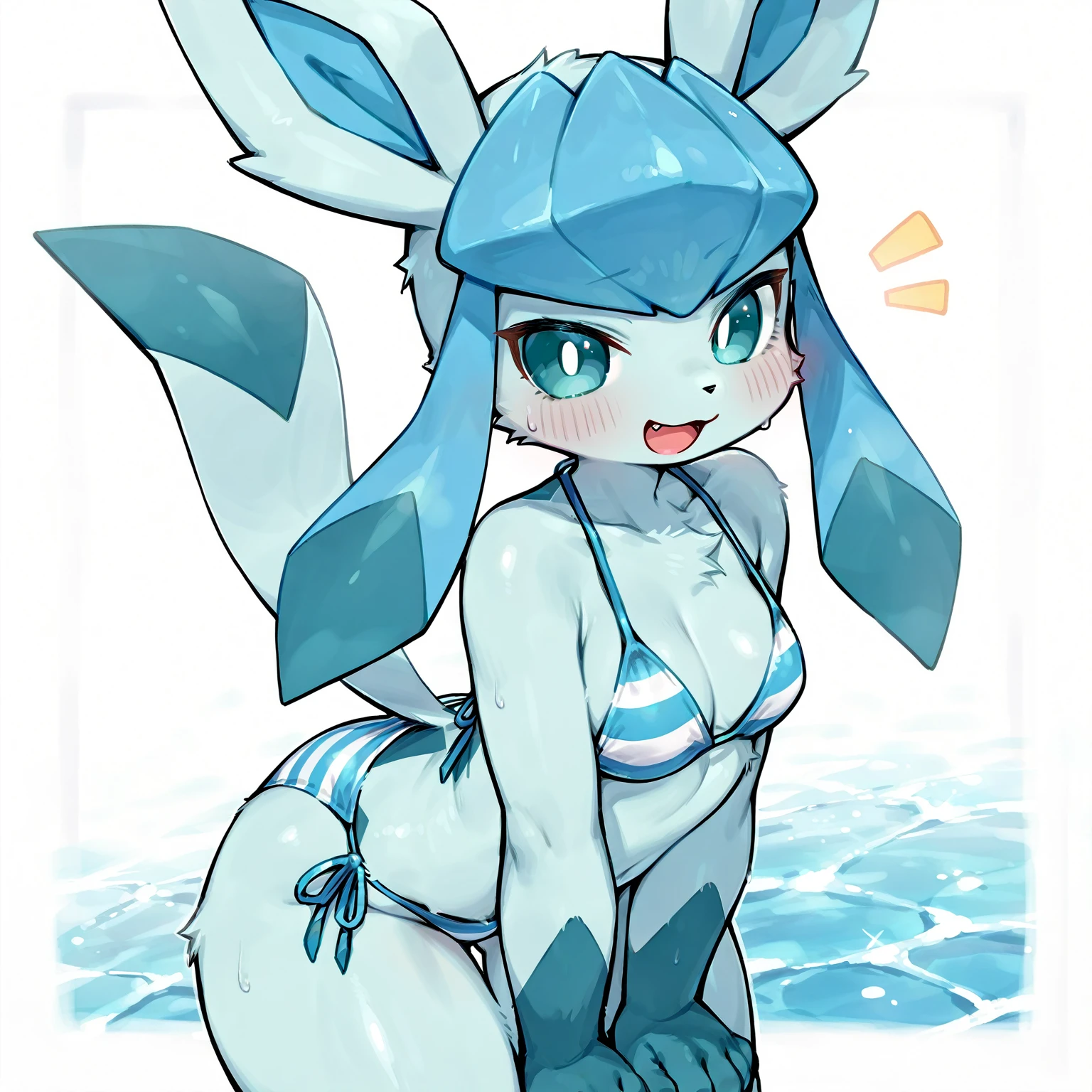 (furry, kemomo:1.5), Glaceon, wear a blue striped string bikini - SeaArt AI