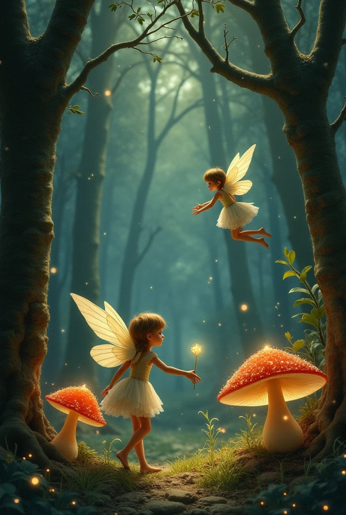 small and vintage fairies in a forest at night . The scene must portray ...