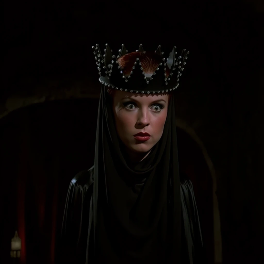 Cinematic film still of Evil Queen a Long shot of a surprised woman in ...