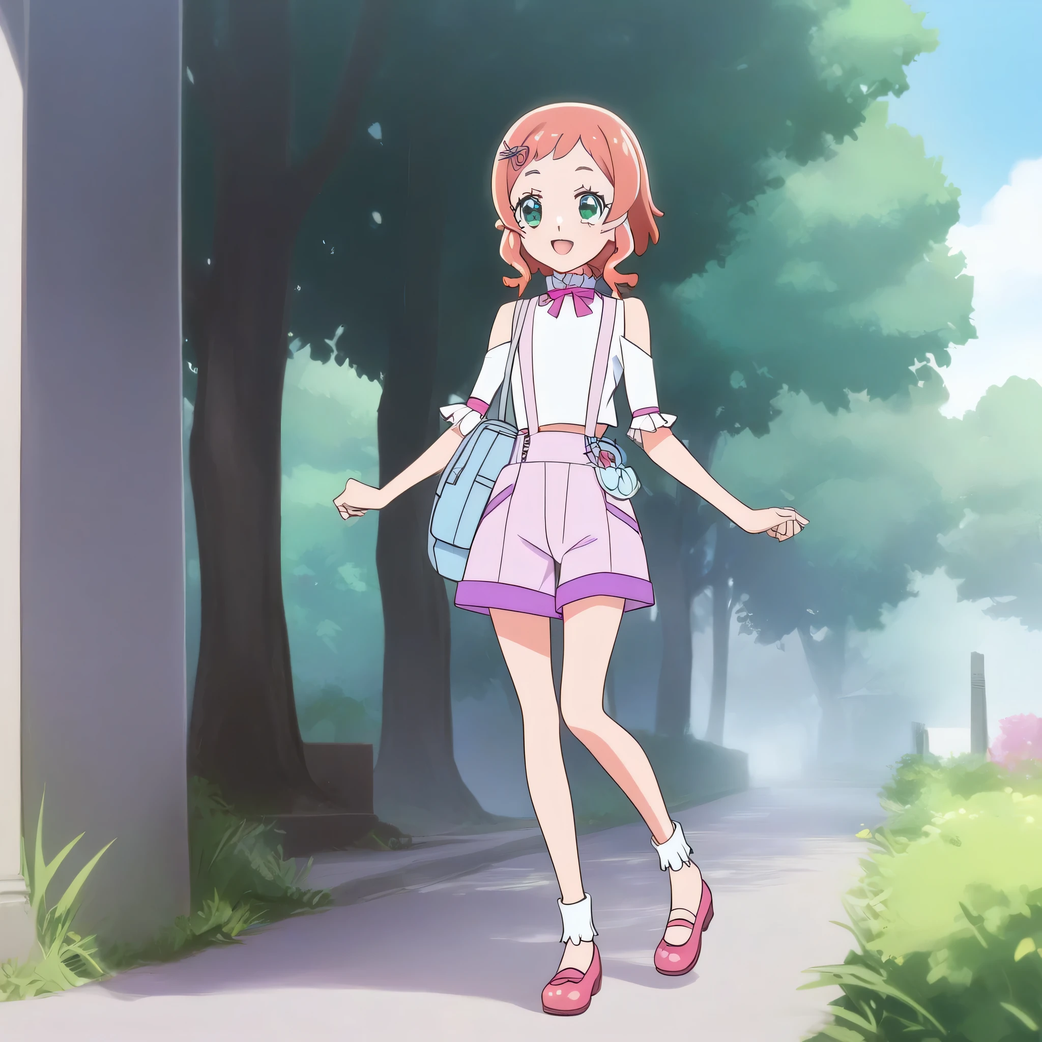 Anime girl in a short skirt and bow tie walking down a sidewalk - SeaArt AI