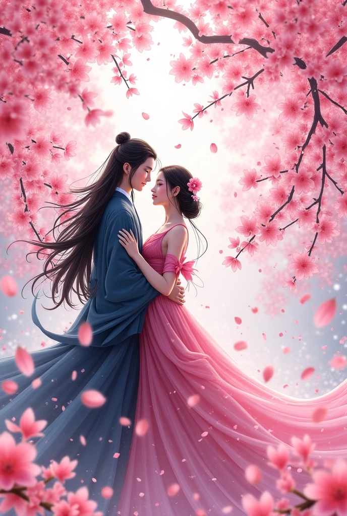 A man with long hair and a very beautiful woman who is holding hands around them - SeaArt AI