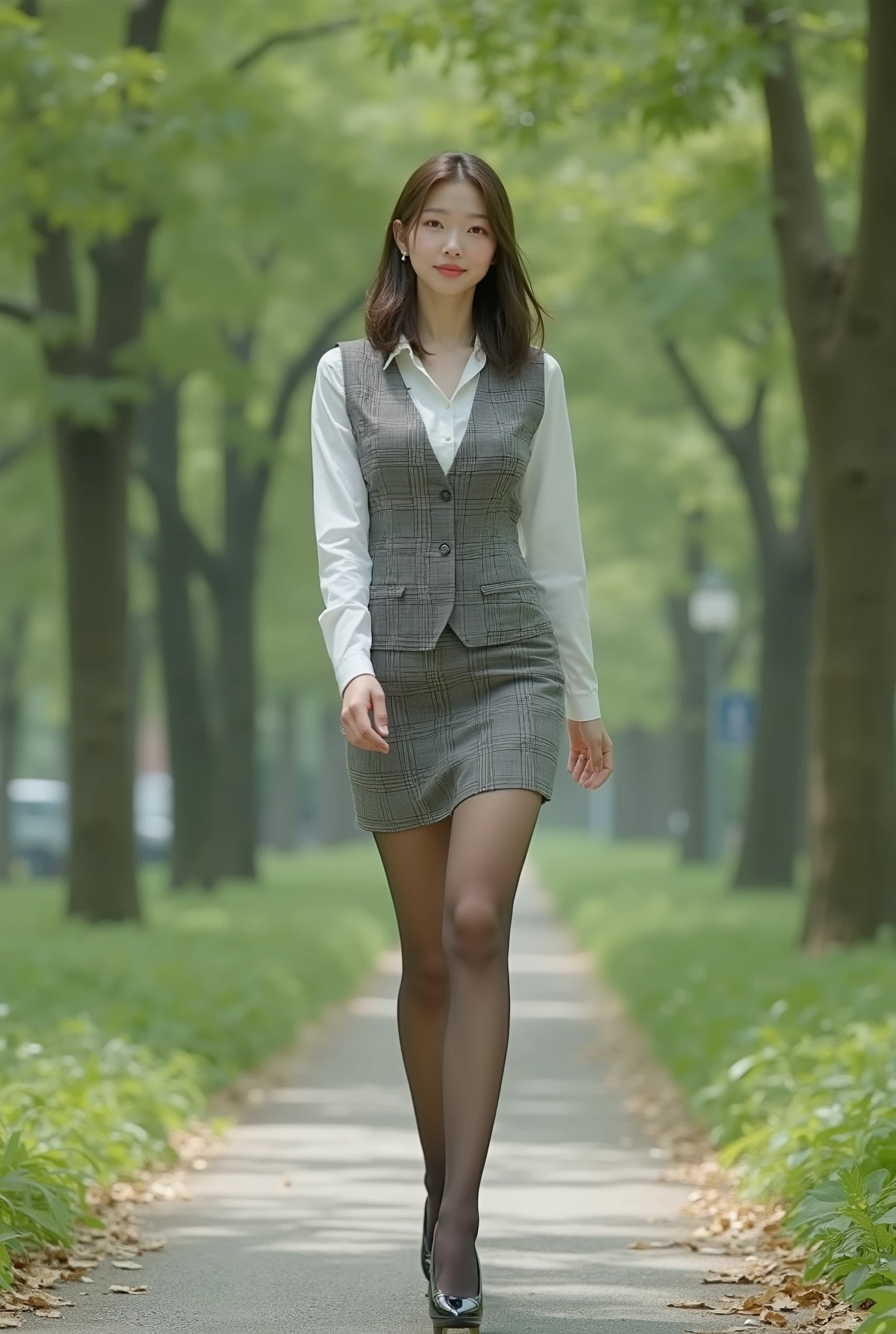 Arafed woman in a skirt suit walking down a path - SeaArt AI