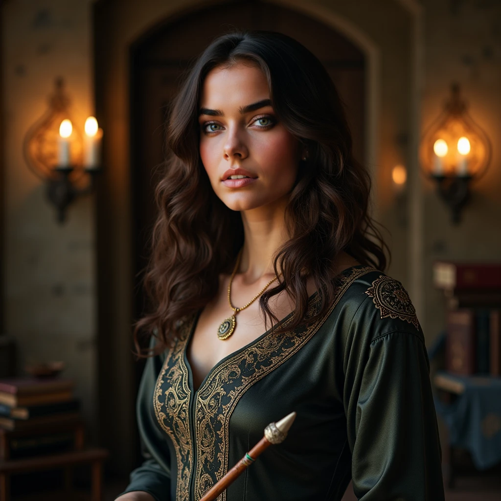 A strikingly elegant and alluring woman with medium-length wavy ...