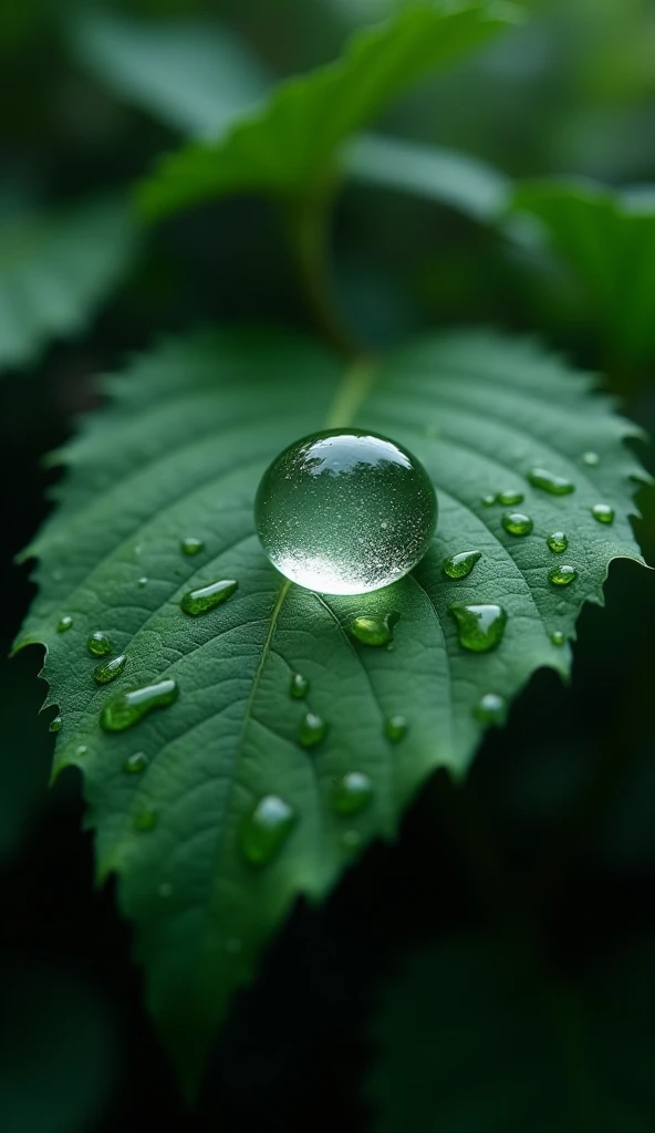 "A hyper-realistic close-up of a raindrop on a leaf, capturing the fine ...