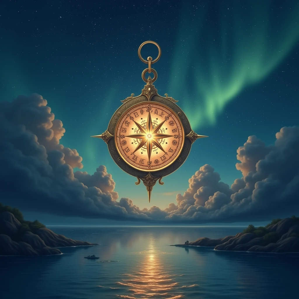 A glowing, intricately designed compass floating above a serene - SeaArt AI