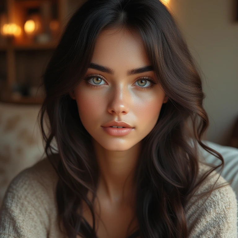 An hyper-realistic portrait of a 18 years old girl sitting on a ...