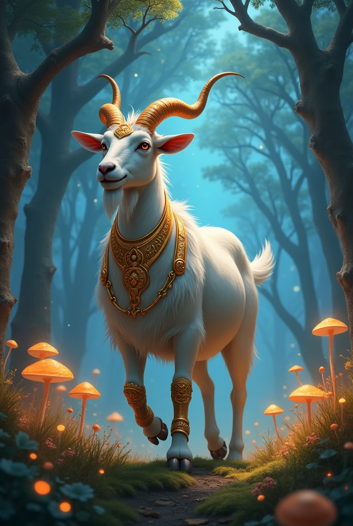 Create an image of a strong goat with gold ornaments walking through an ...