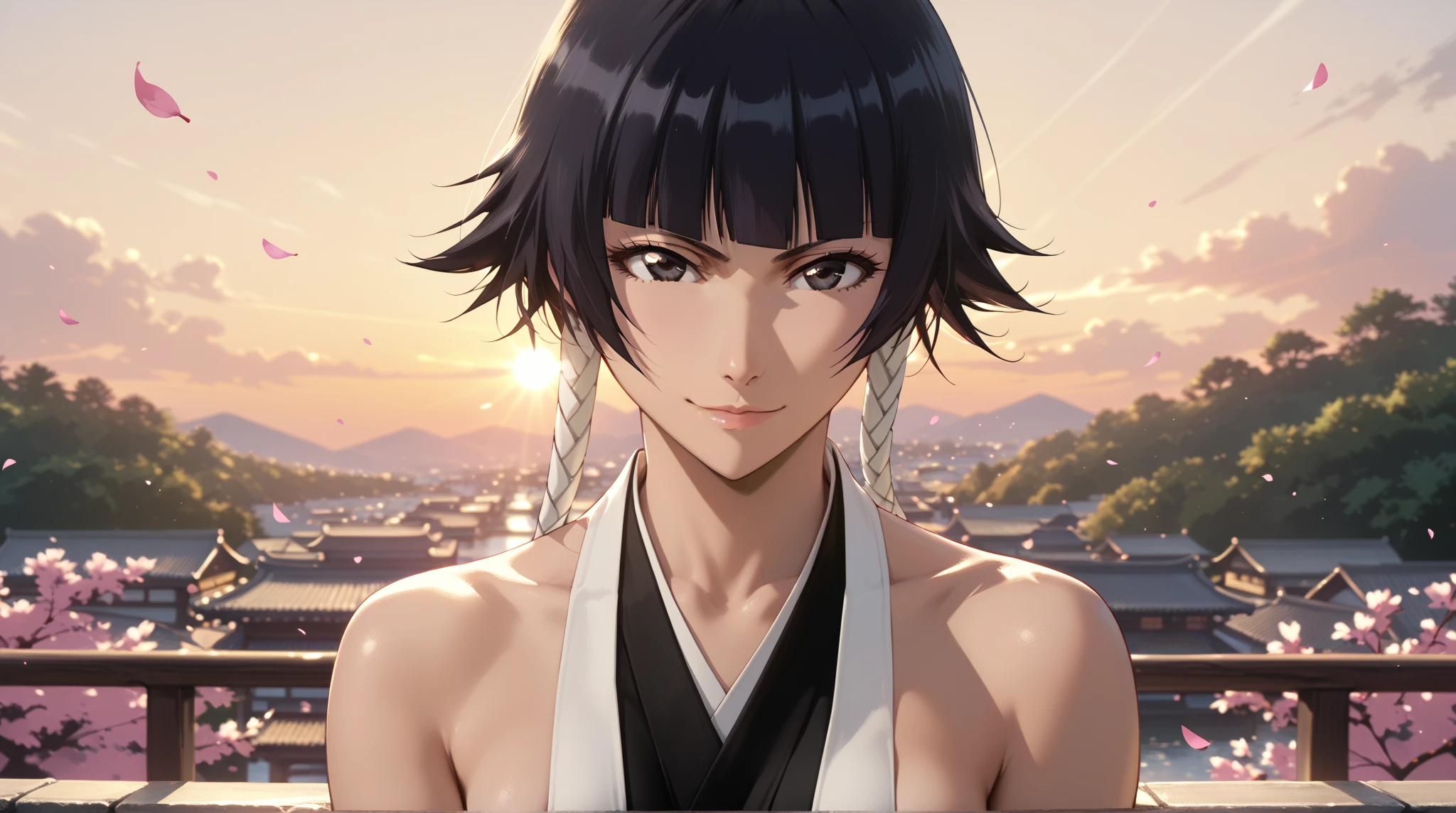 Anime screencap, Soi fon from bleach, bright smile, sexy, black eyes ...