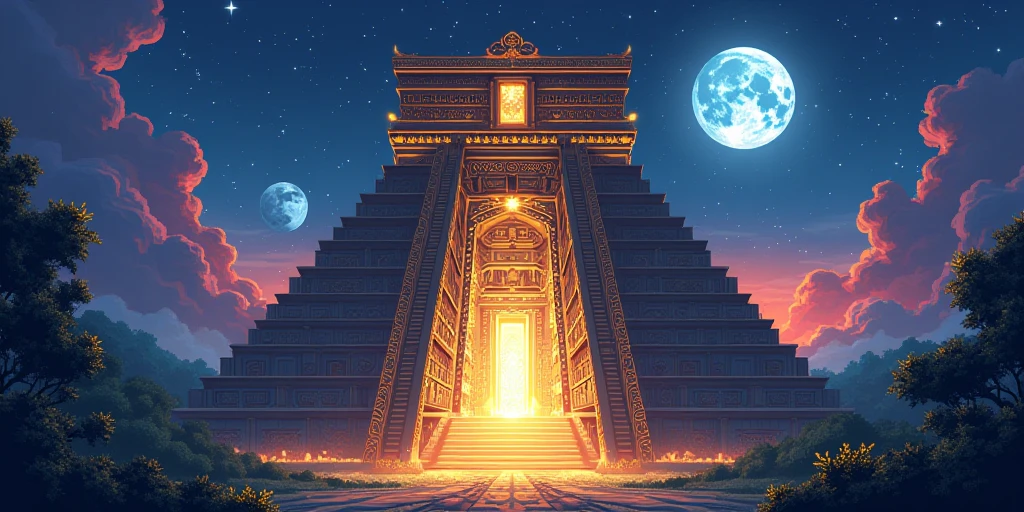 Golden Aztec temple with an interdimensional portal, on a night with ...