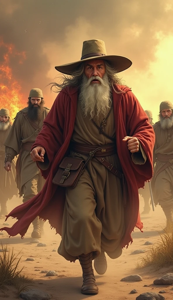 An ancient man wearing a hat and a robe, with a look of fear on his ...