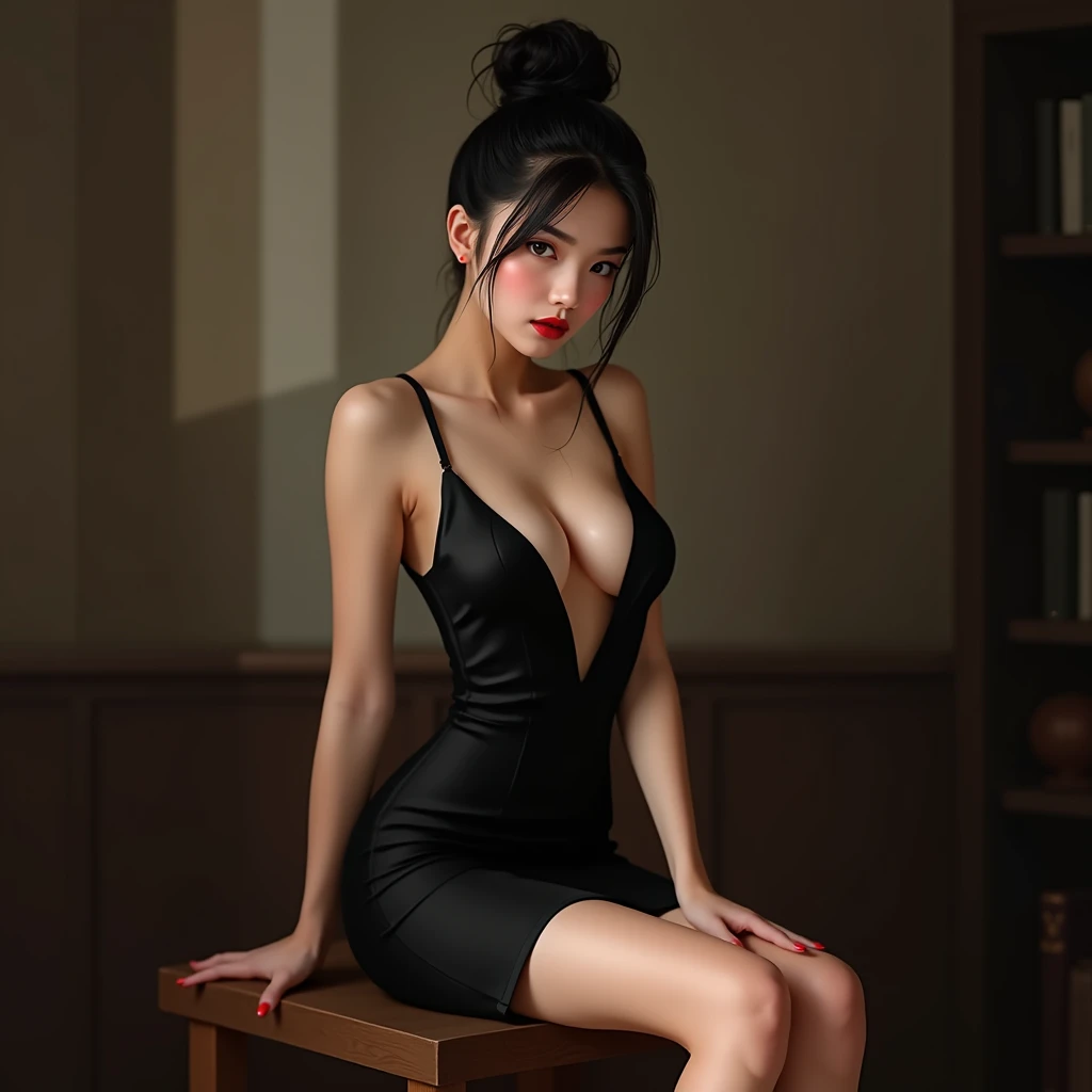 Realistic Asian girl wearing sexy black one piece dress , red lipstick - SeaArt AI