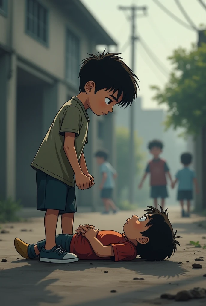 Picture of a boy whos sad because he accidentally pushed another boy ...