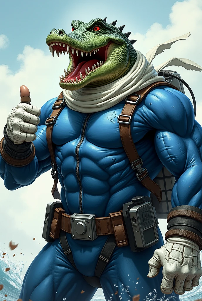 (頑丈でがっしりとした、非常に筋肉質でずんぐりした、うなり声をあげるワニ男), (青いフルジップの全身ウェットスーツを着ている), 親指を ...