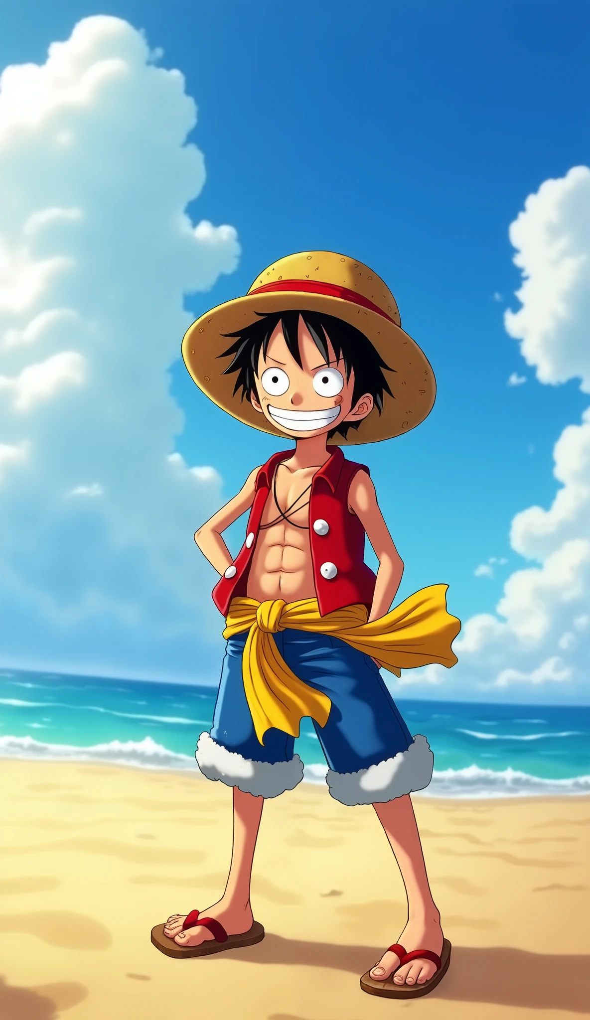 Anime character with a straw hat and a yellow scarf on a beach - SeaArt AI
