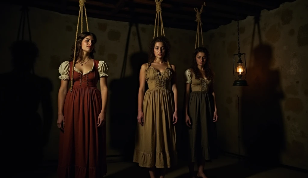 Three women in a dimly lit 18th-century prison cell are shown hanging ...