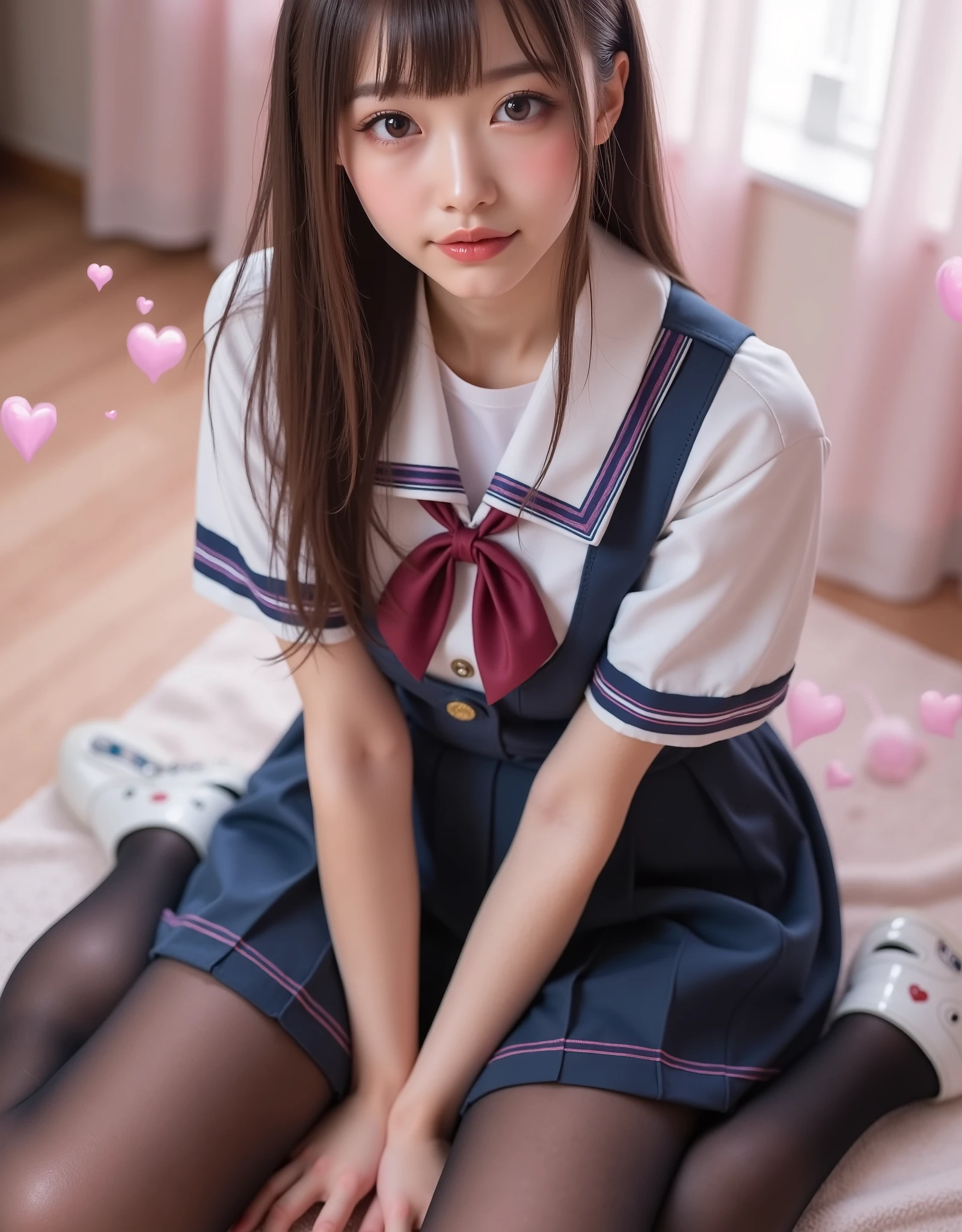 Arafed asian girl in a school uniform sitting on a bed - SeaArt AI