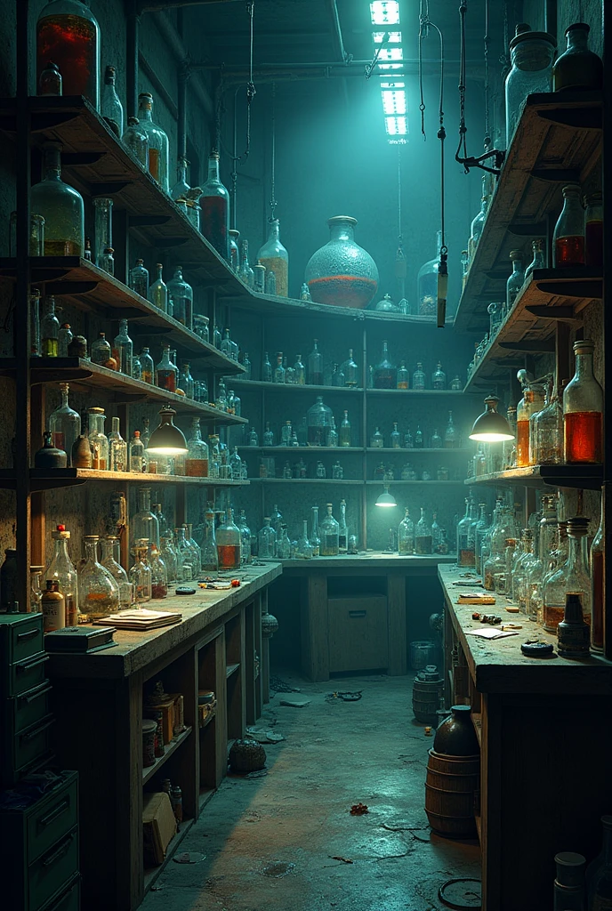 Shelfs with glass in laboratory of mad man - SeaArt AI