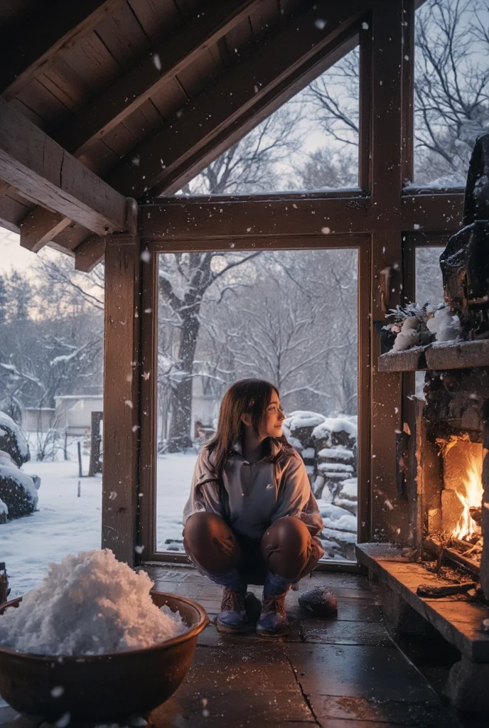 Woman staring at fireplace while snow is falling and piling up - SeaArt AI