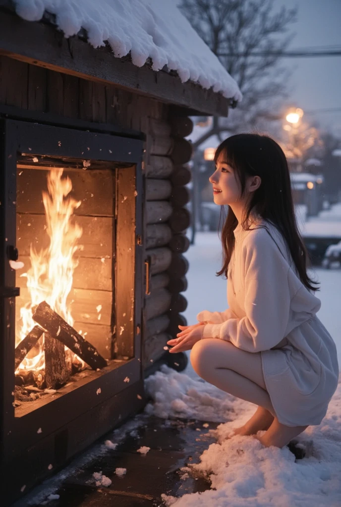 Woman staring at fireplace while snow is falling and piling up - SeaArt AI