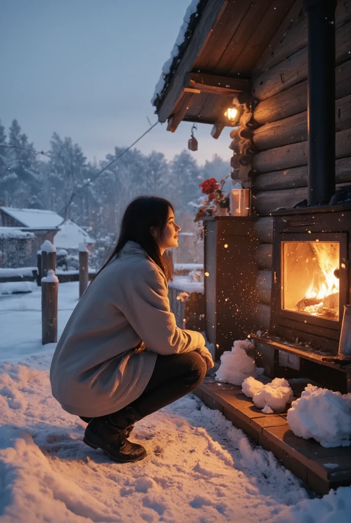 Woman staring at fireplace while snow is falling and piling up - SeaArt AI