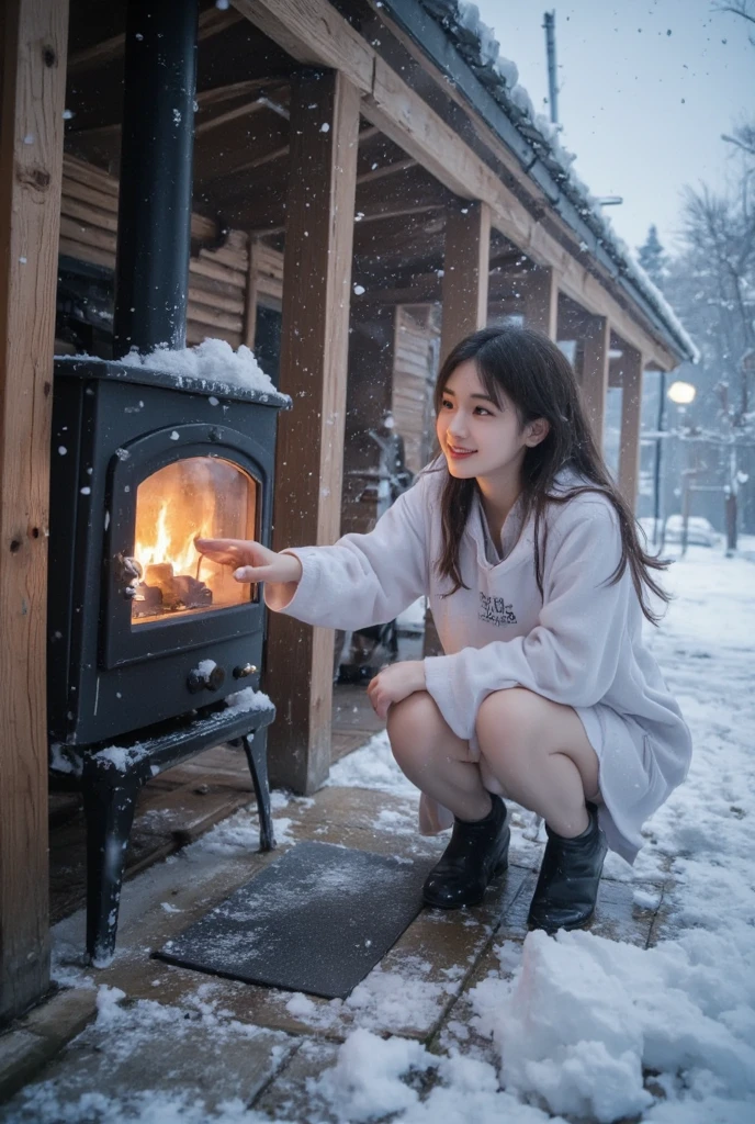 Woman staring at fireplace while snow is falling and piling up - SeaArt AI