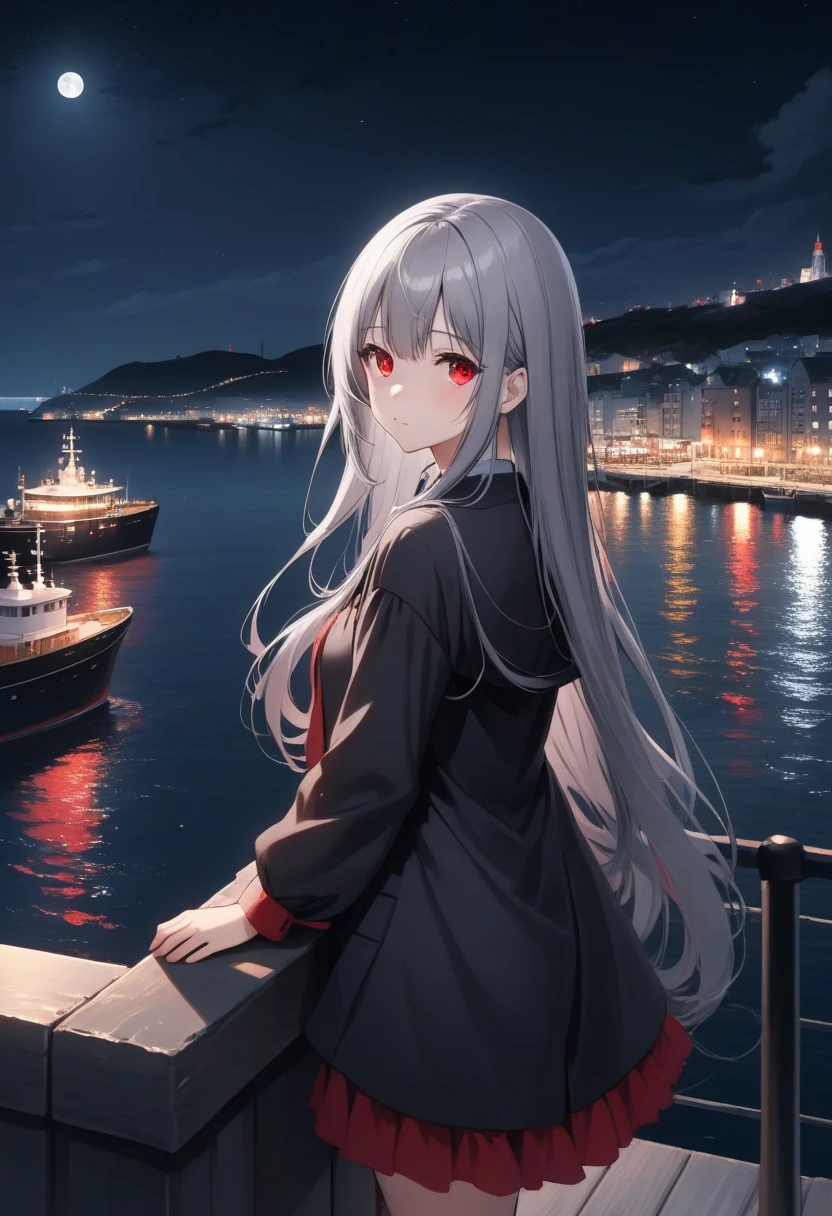 1 girl,Alone,Gray Hair, long hair, red eyes, watching viewers with the ...