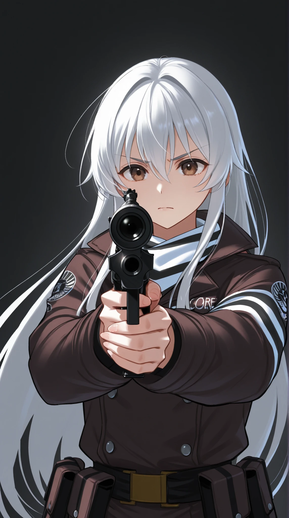 Female,Silver hair, white long hair , Sniper , convict, brown eyes ...