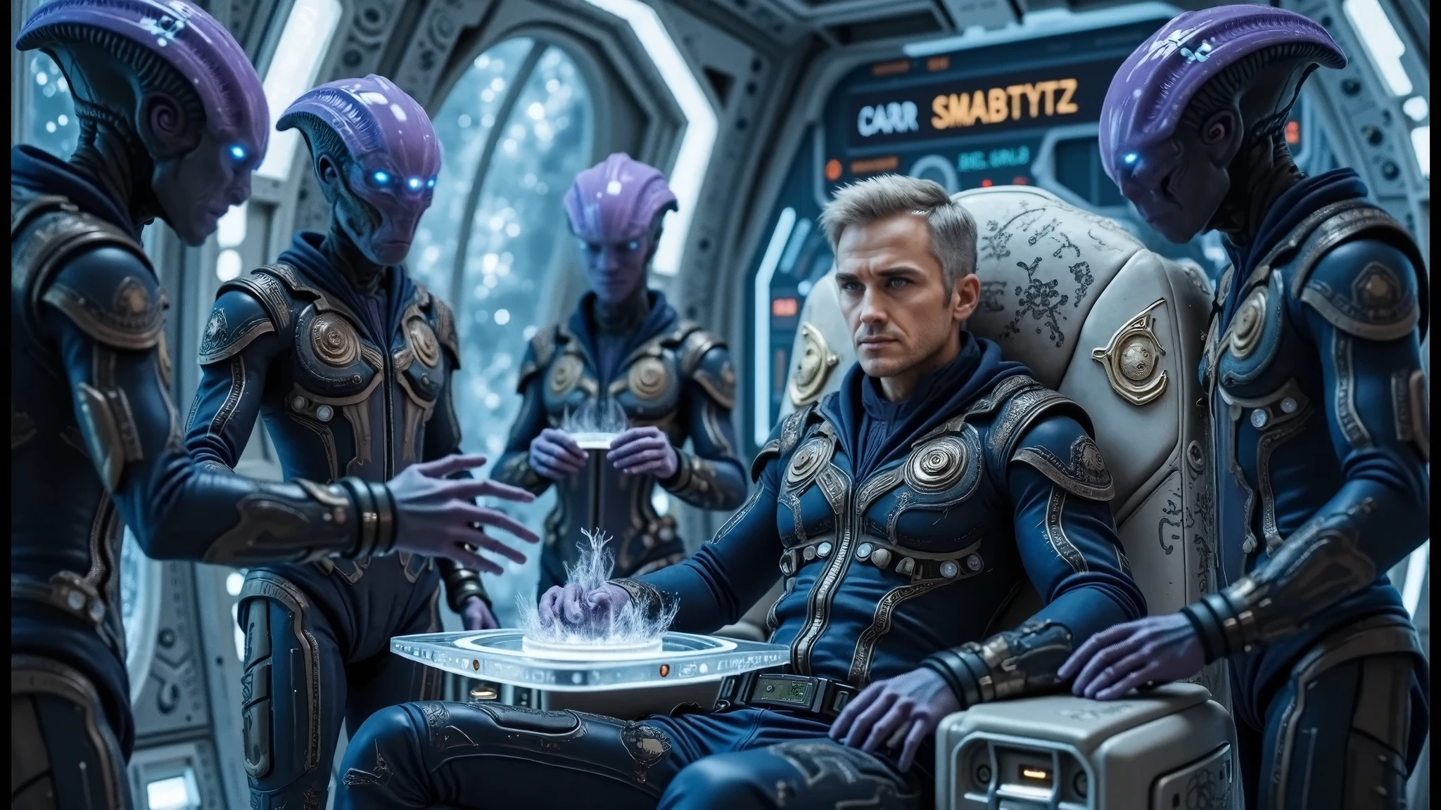 Arafed man in a futuristic suit sitting in a chair with other people ...