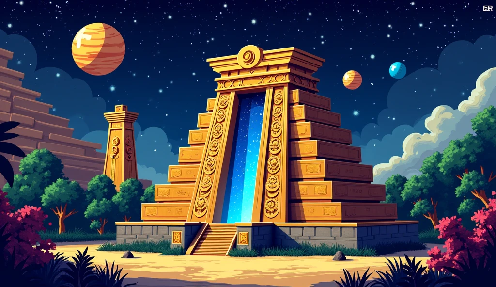 Golden Aztec temple with a blue interdimensional portal, on a night ...