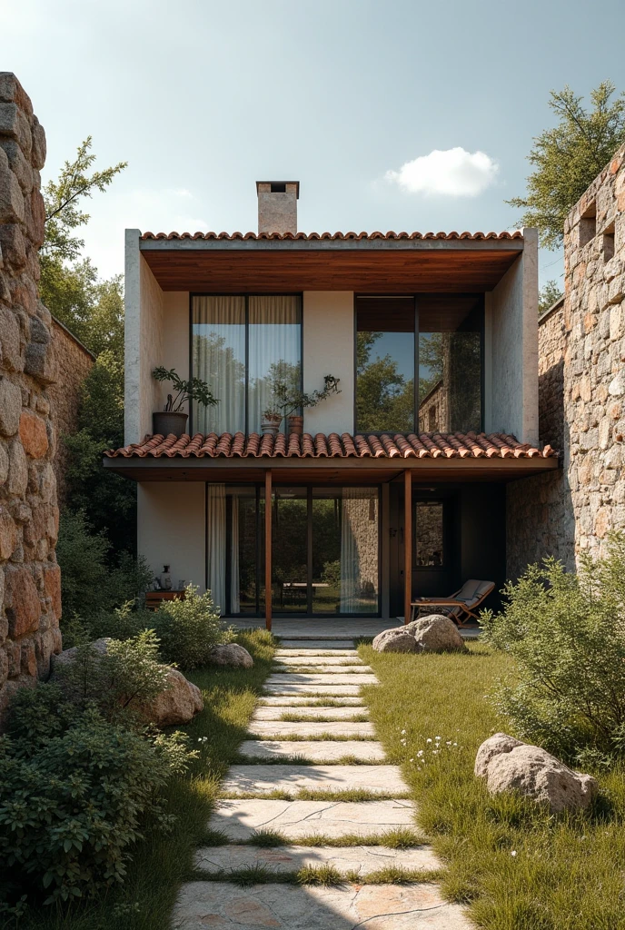 modern single-storey house with calamine roof with ruins of Puerta del ...