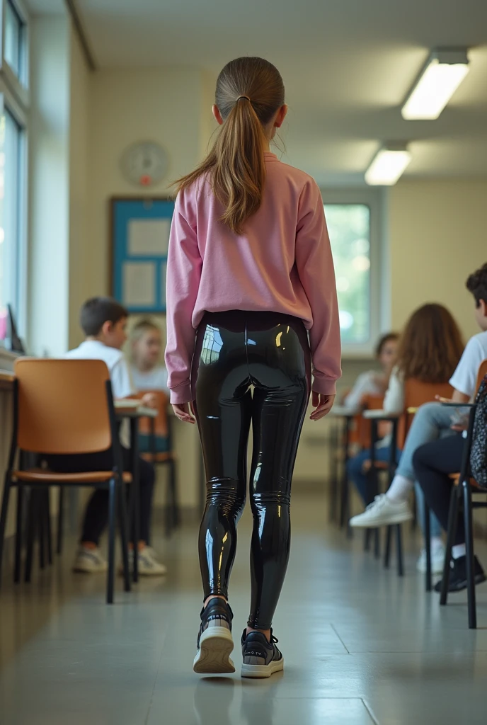 young girl in a latex leggins at school - SeaArt AI