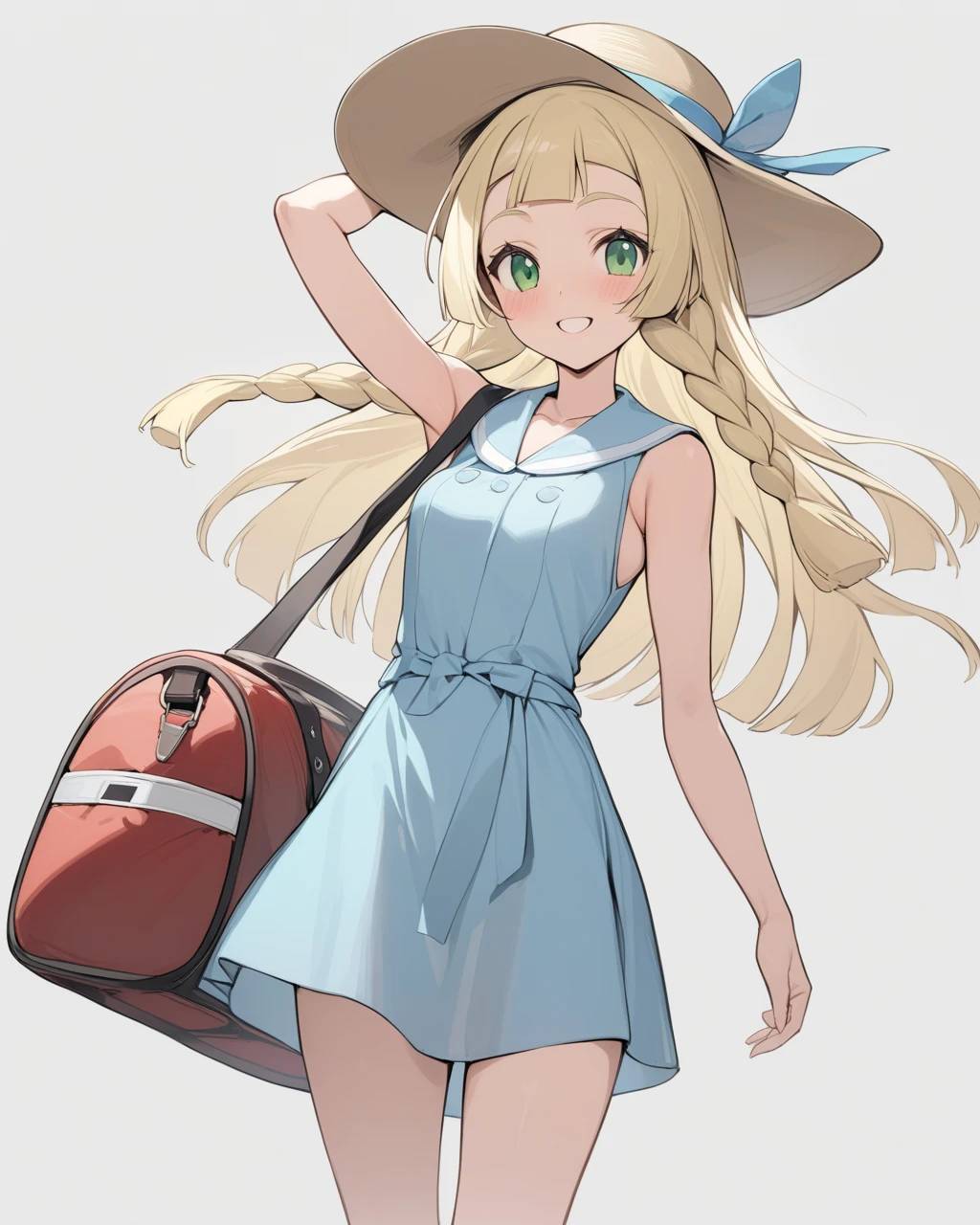 Masterpiece,best quality,lillie \(pokemon\), 1girl,sun hat,blue ribbon ...