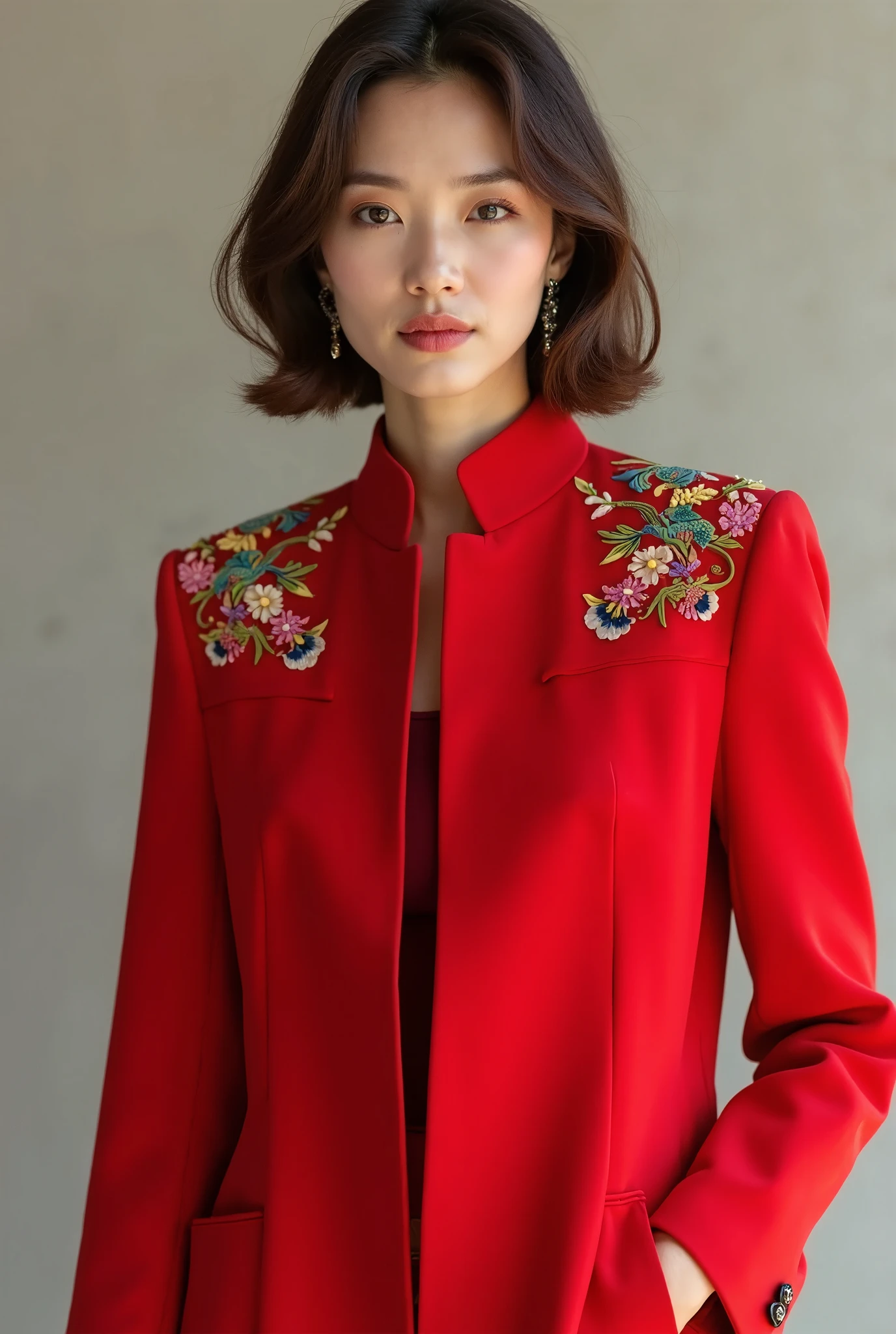 A close up of a woman wearing a red jacket and earrings - SeaArt AI