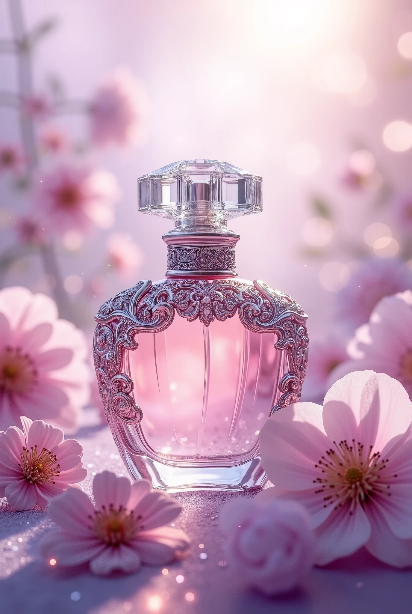 A professional advertising photograph of an exquisite perfume bottle ...
