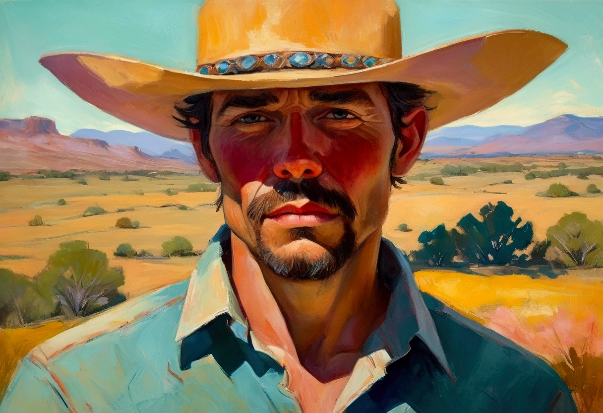 Create a bold and expressive portrait of a cowboy wearing a wide ...