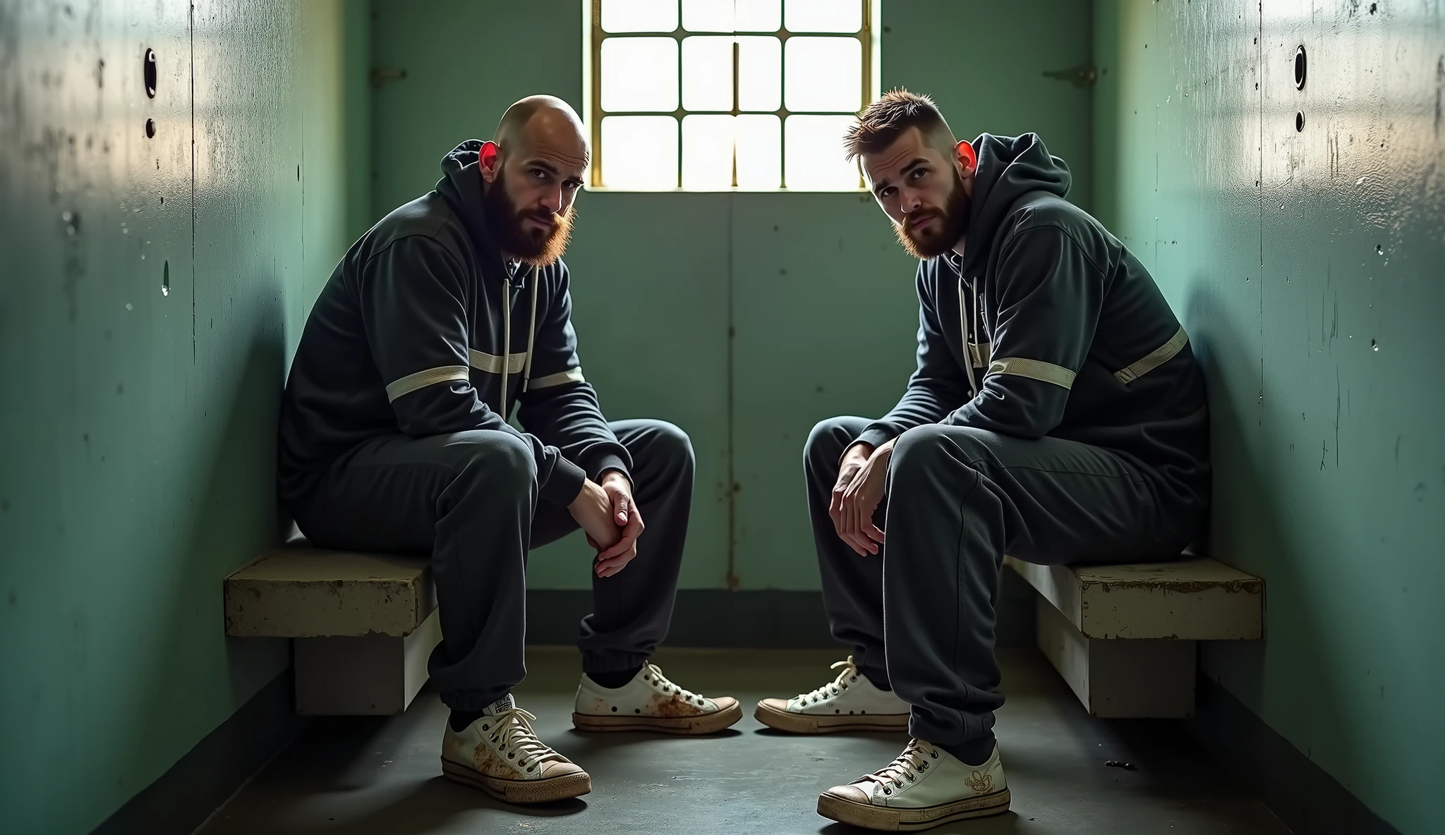 Two men sitting on a bench in a jail cell - SeaArt AI