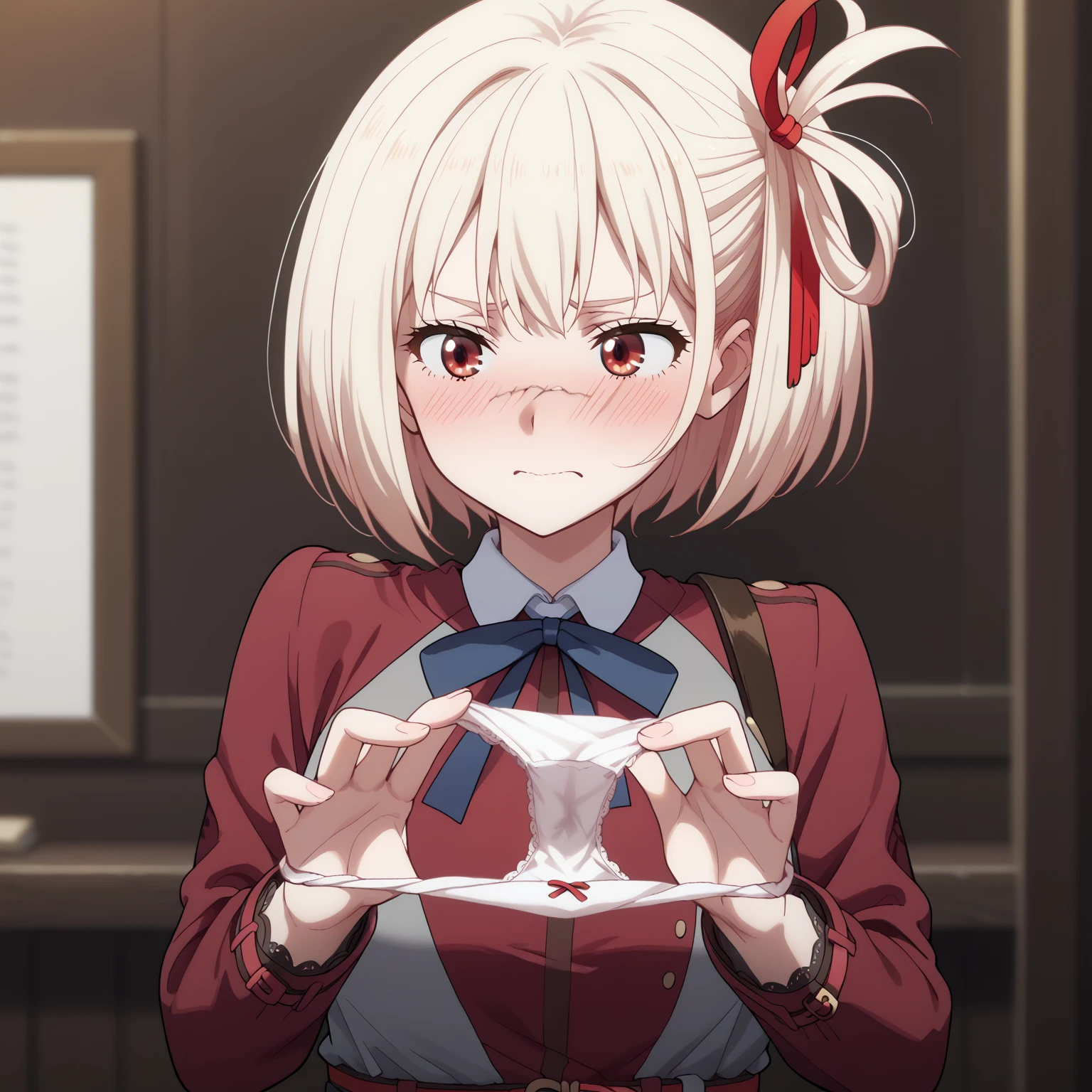 Chisato nishikigi, short hair, bangs, blonde hair, red eyes, hair ...