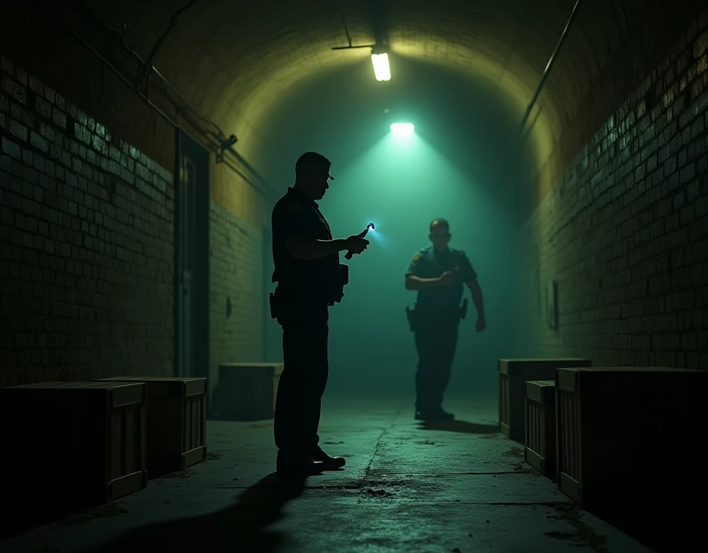 "A cinematic scene inside an underground tunnel with dim, atmospheric ...