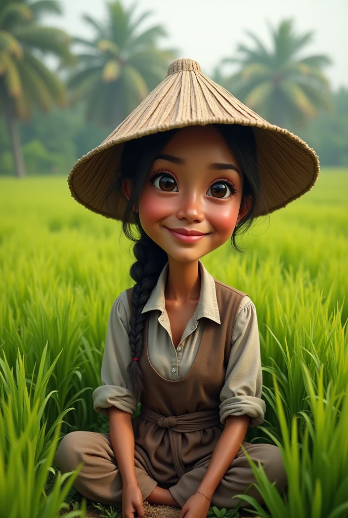 4D caricature of Indonesian woman wearing peasant hat, wearing peasant ...