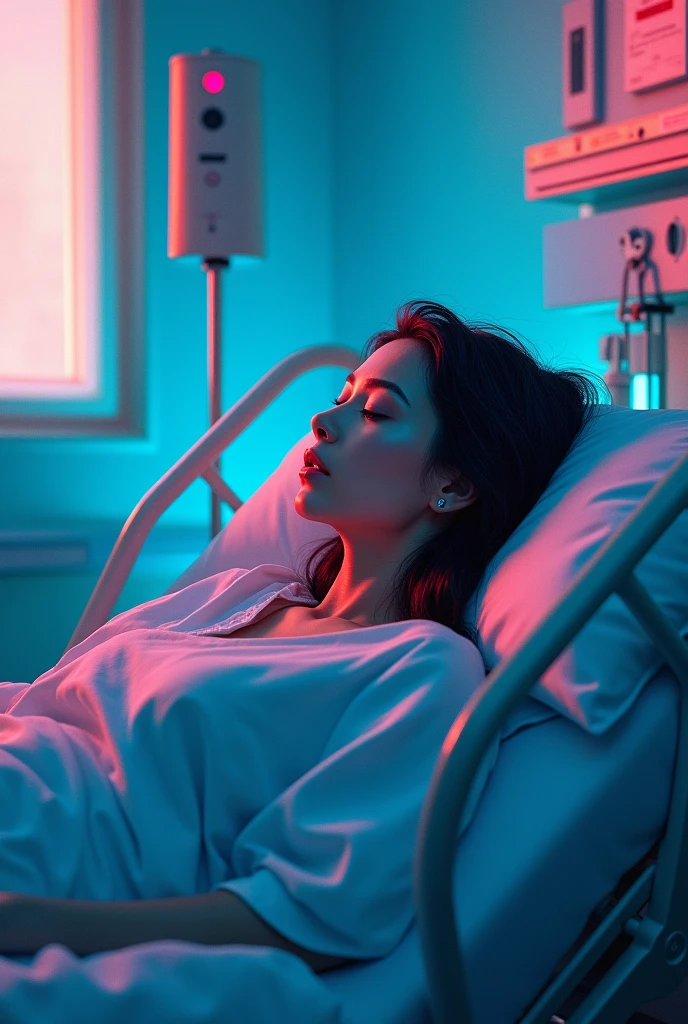 A woman in a hospital bed in flashy colors - SeaArt AI