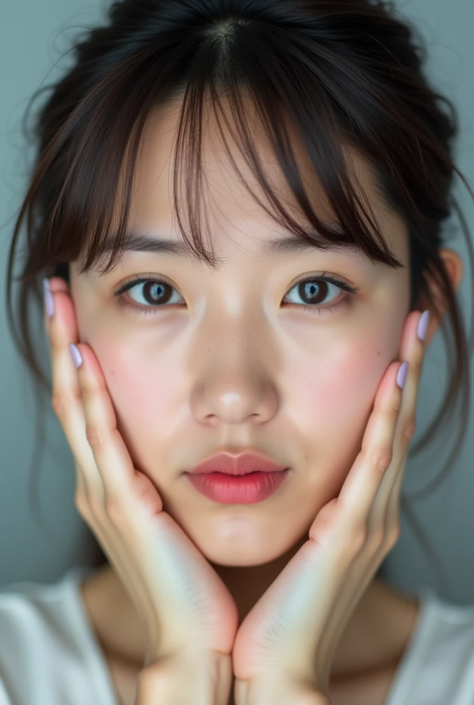 両手で頭を支えている女性のクローズアップ写真, japanese , ヘッドショットのプロフィール写真 , 頬に手を置いて - SeaArt AI