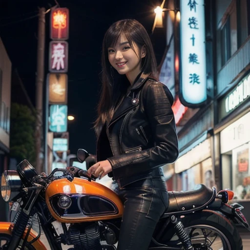 woman, riding motorcycle, Yamaha SR400, cafe racer custom, leather jacket and leather pants ...