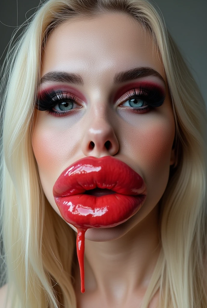 extremely large lips, shiny lips, Blonde girl, stupid face - SeaArt AI